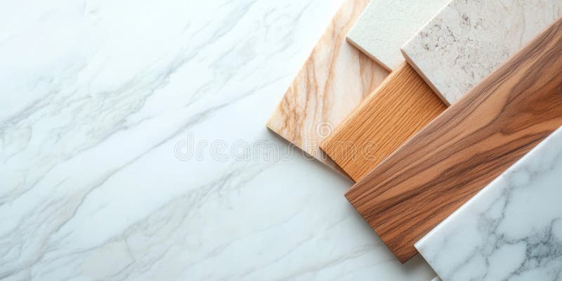 Assorted Wooden and Marble Texture Samples Arranged on Marble Surface ...