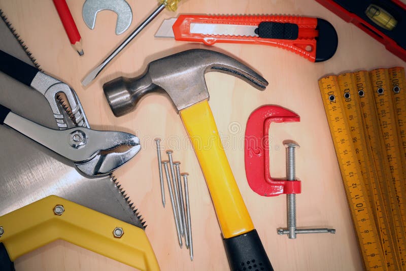 Assorted work tools stock image. Image of handyman, pencil - 255226485