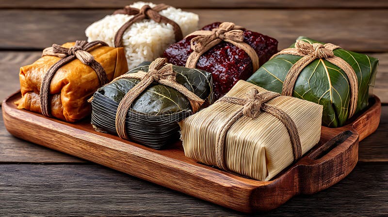 Assorted Wrapped Foods on Wooden Tray Rustic Setting Stock Illustration ...
