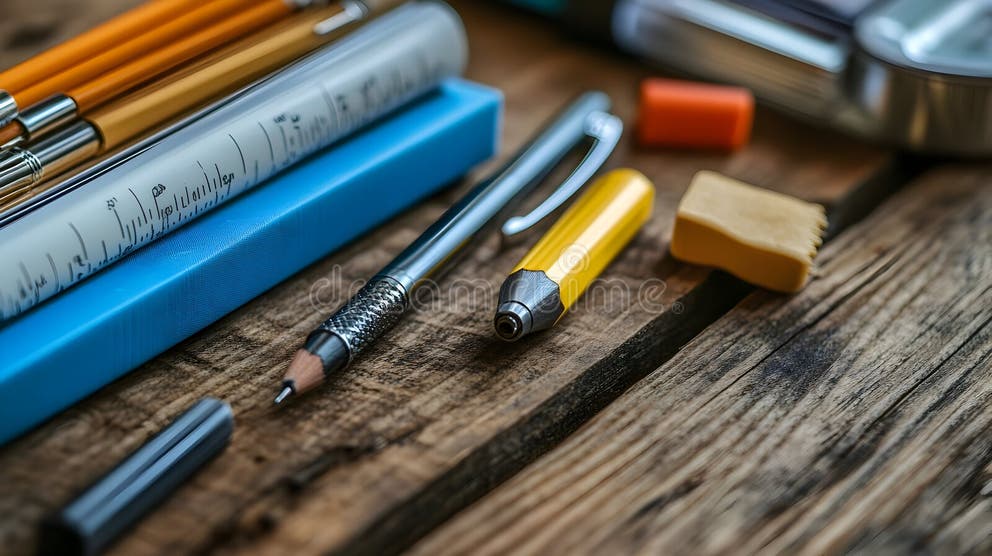 Assorted Writing Instruments and Tools on Wooden Surface Stock Image ...