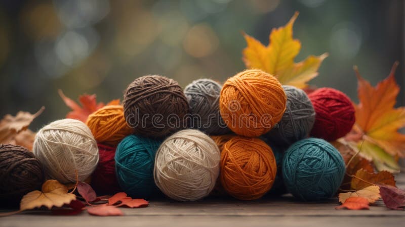 Assorted Yarn Balls with Knitting Accessories and Fall Leaves. Stock ...