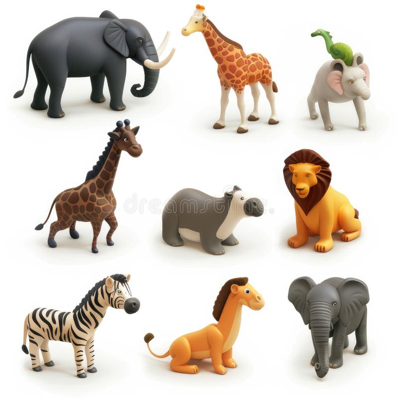 Adorable Cartoon African Animals Set: Toy Elephants, Giraffes, Lion ...
