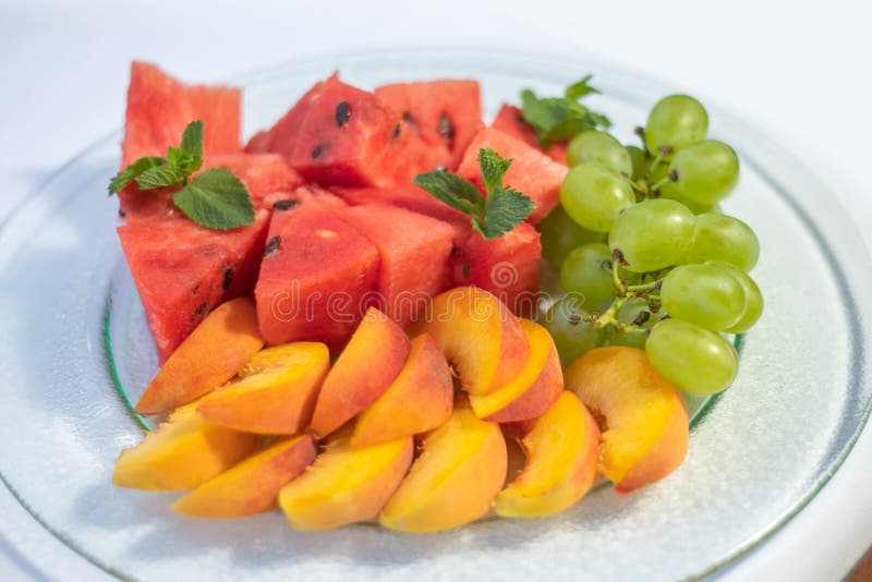 Assorti of Different Fruits on Plate Stock Photo - Image of peaches ...