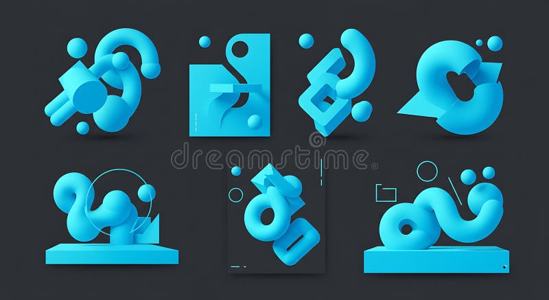 Assortment of Abstract Blue Geometric Shapes on a Dark Gray Background ...