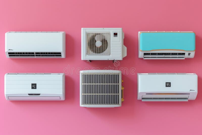 Various Air Conditioning Units on Vibrant Pink Background with ...