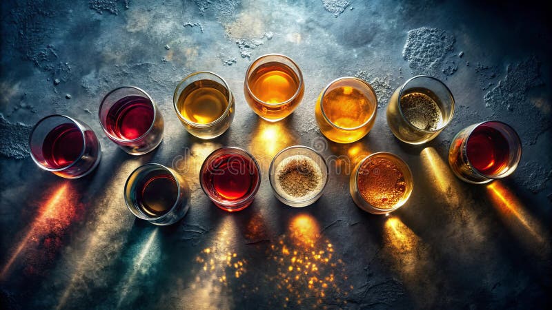 An Assortment of Amber, Gold, and Ruby-colored Beverages in Small ...
