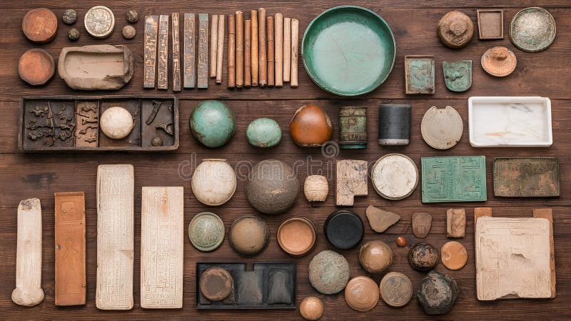 Assortment of Ancient Artifacts and Relics Displayed on a Rustic Wooden ...