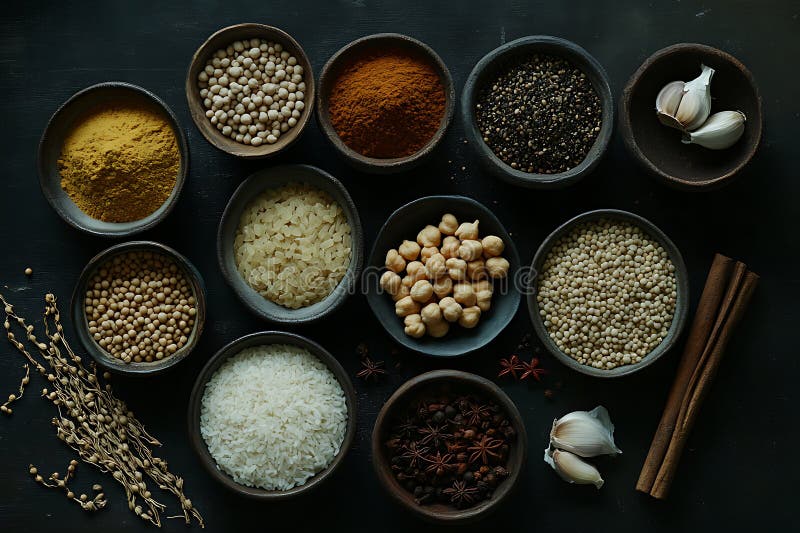 Assortment of Aromatic Spices and Grains in Small Bowls Stock ...