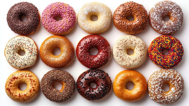 Assortment of Assorted Donuts in Various Flavors and Toppings Arranged ...