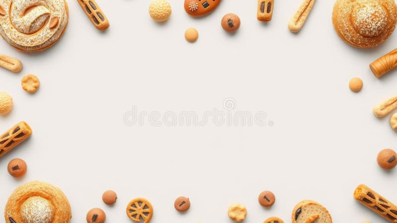 Assortment of Baked Goods Frame a White Background Stock Illustration ...