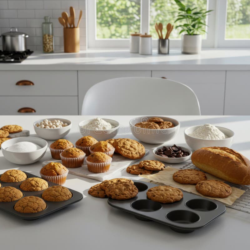 Assortment of Baked Goods on Kitchen Table Stock Image - Image of life ...