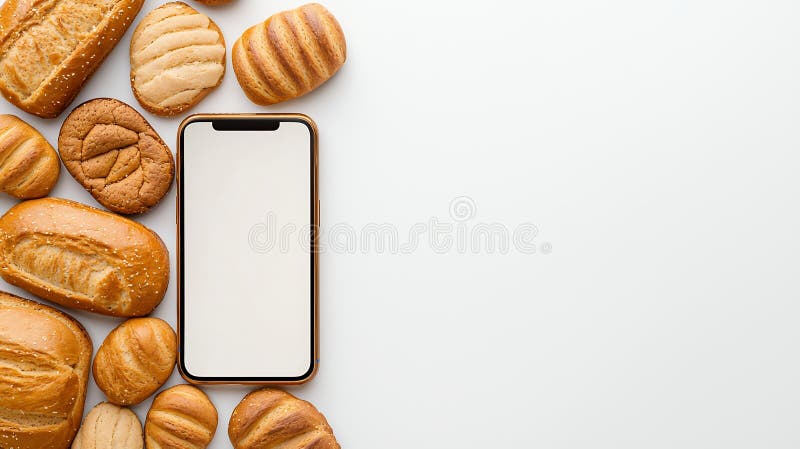 Assortment of Baked Goods and Smartphone on White Background Stock ...