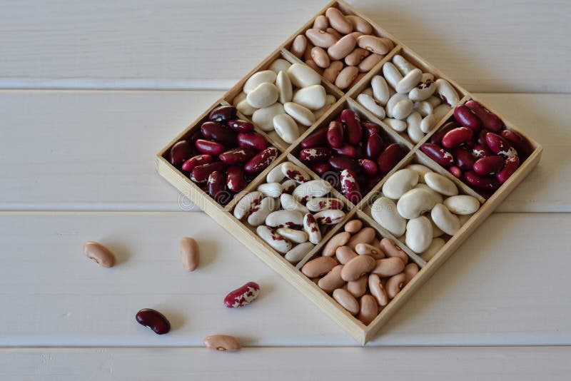 Assortment of Beans in Wooden Box Stock Image - Image of grain ...