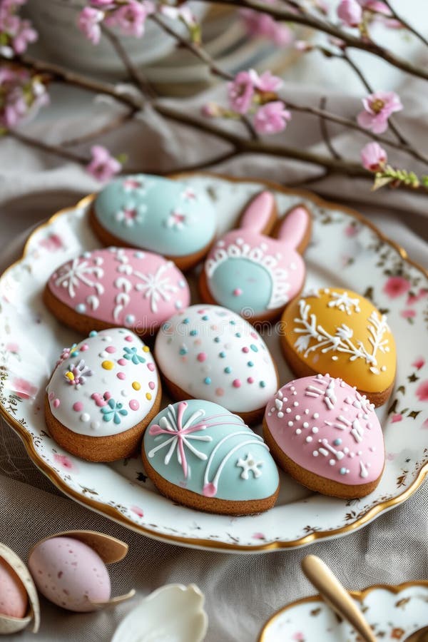Hand-Decorated Easter Cookies on a Plate with Spring Blossoms Stock ...