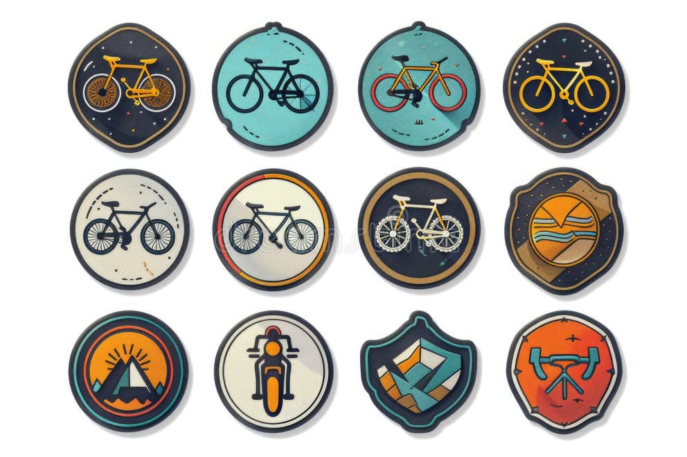 Assortment of Bike Badges Featuring Various Bike Types Stock Photo ...