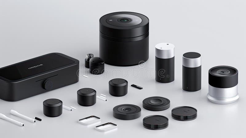 An Assortment of Black and Silver Cylindrical Devices and Accessories ...