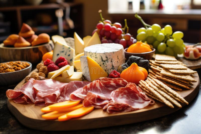 Assortment of Boxing Day Cold Cuts and Cheese Tray Arranged on a Wooden ...