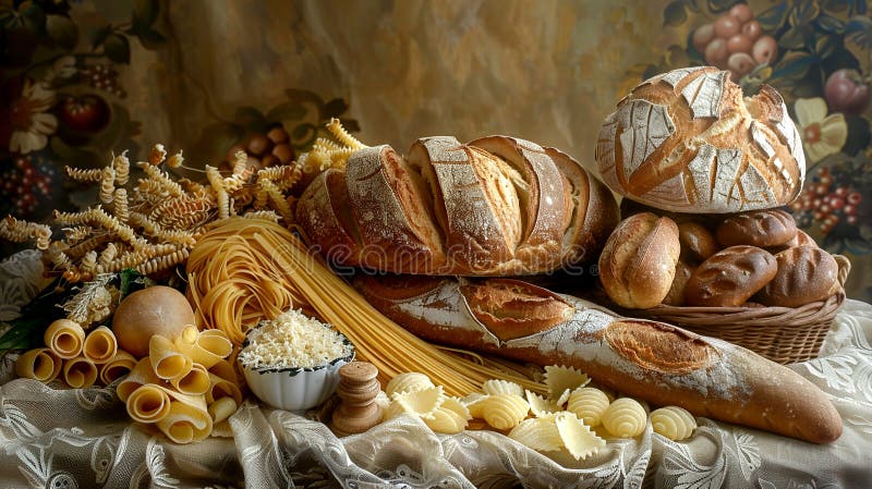 A Delicious Display of Assorted Bread and Pasta Arranged Elegantly on a ...