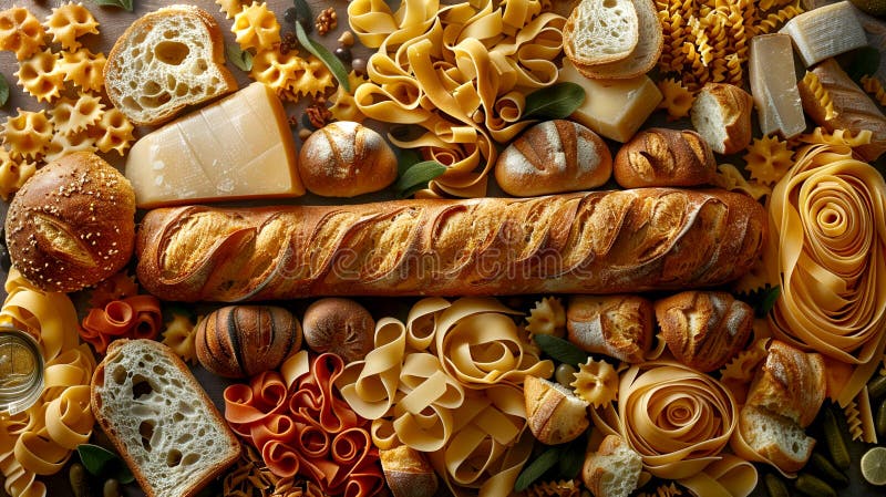 Various Types of Bread and Pasta Arranged Beautifully on a Rustic ...