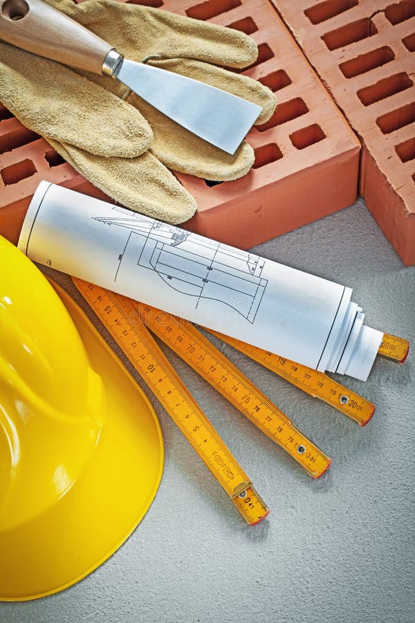 Assortment of Bricklaying Tools on Concrete Surface Top View Con Stock ...