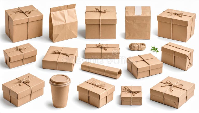 Assortment of Brown Paper Packages and Boxes Tied with String on White ...