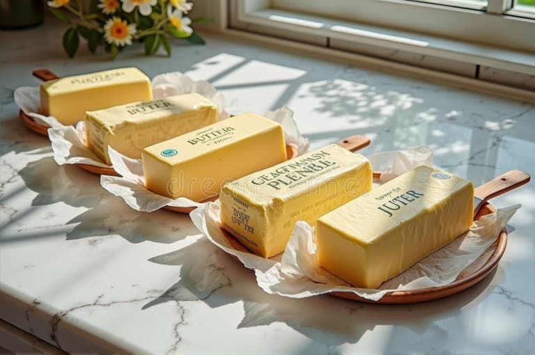 Assortment of Butter Blocks on Marble Kitchen Counter in Sunlight Stock ...