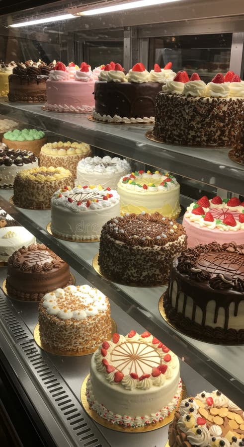 Assortment of Cakes in a Glass Display Case Stock Illustration ...