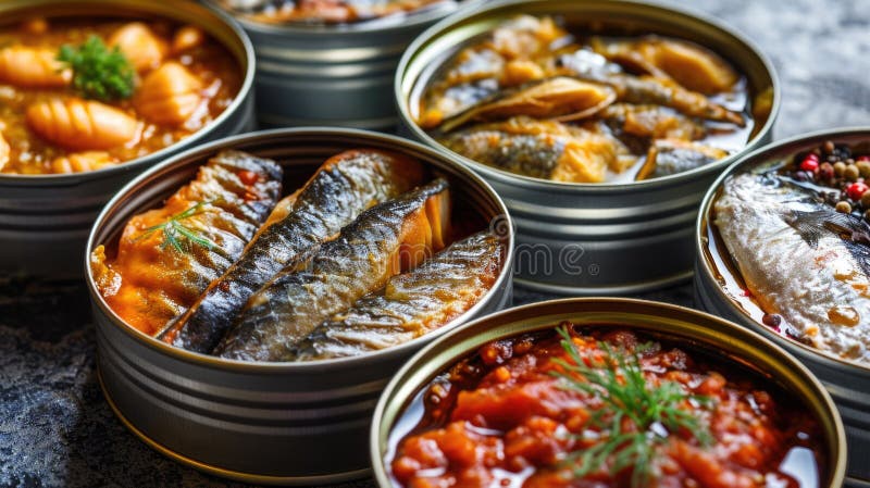 Assortment of Canned Fish in Open Tins Stock Image - Image of easy ...