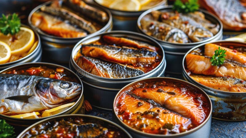 Assortment of Canned Fish in Open Tins Stock Image - Image of food ...