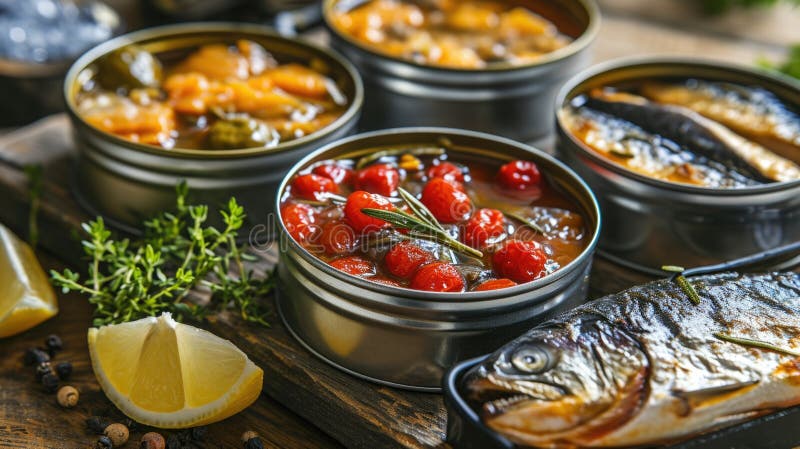 Assortment of Canned Fish in Open Tins Stock Photo - Image of open ...