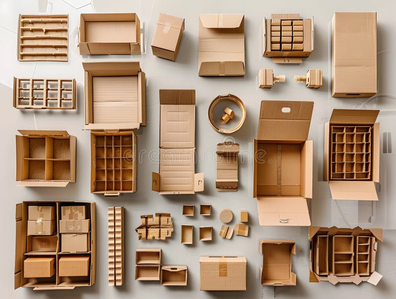 Assortment of Cardboard Containers and Packaging in Varying Shapes and ...