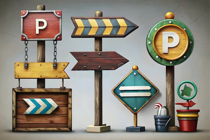 Assortment of Cartoonish Directional and Parking Signs Stock ...