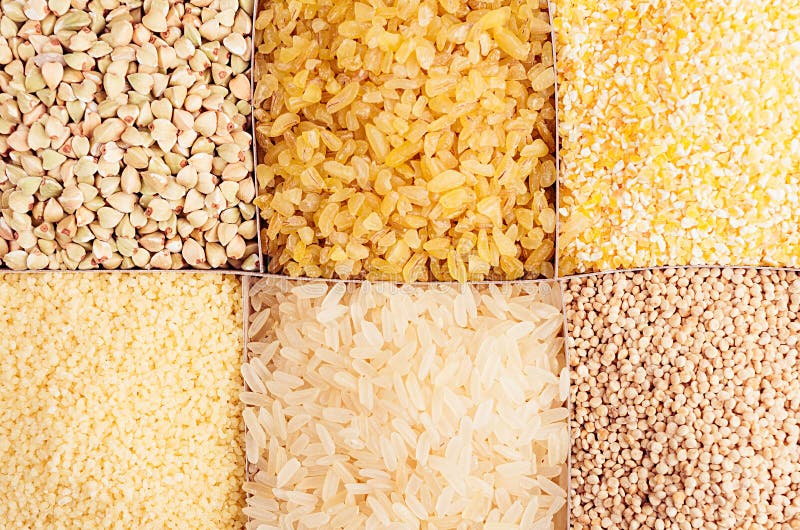 Assortment Cereals Grain in Cells As Background. Top View, Closeup ...