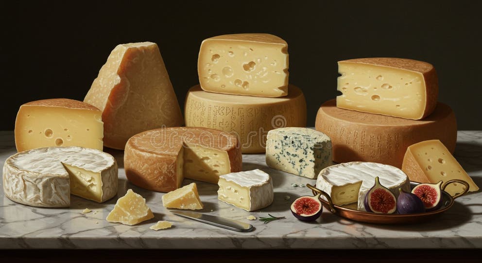 An Assortment of Cheeses Displayed on a Marble Surface Includes Several ...
