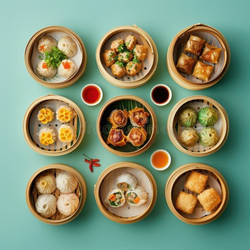 Assortment of Chinese Dim Sum Dishes Arranged in Bamboo Steamers on ...