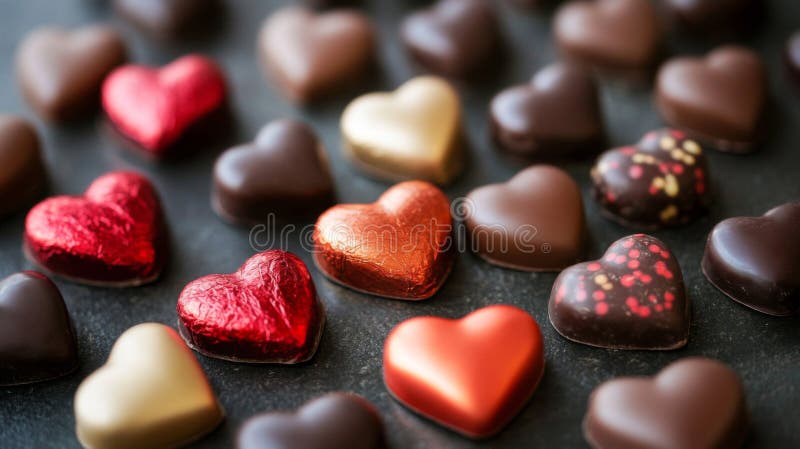 Assortment of Chocolate and Foil-Wrapped Heart-Shaped Candies Stock ...