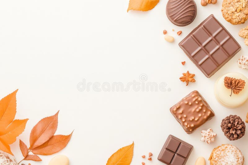 Assortment of Chocolates and Cookies with Autumn Leaves, Arranged on a ...