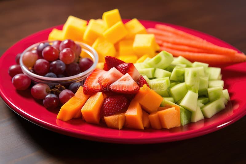 Assortment of Chopped Fruits on a Brightly Colored Plate Stock ...