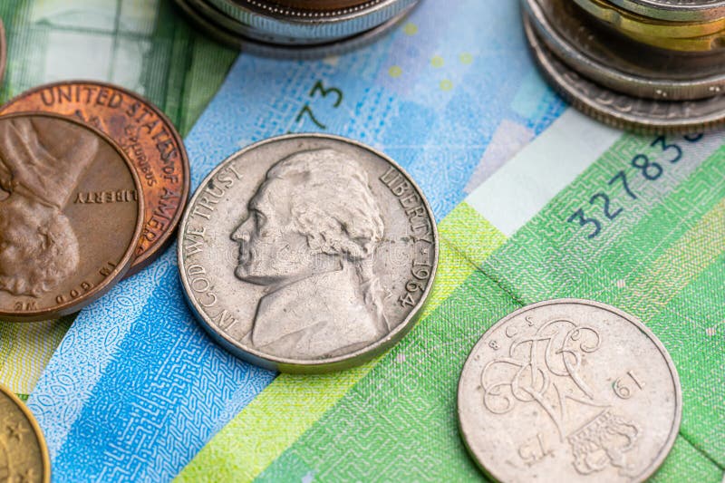 Assortment of Coins on Bank Notes from Different Countries.. Stock ...