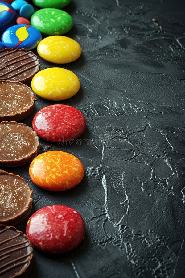 Assortment of Colorful Candies and Chocolates on Dark Textured Surface ...