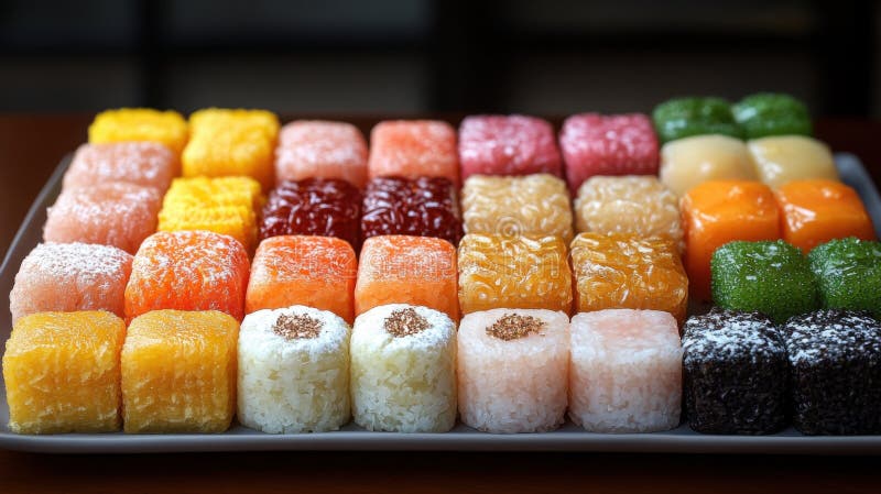 Assortment of Colorful Cube-Shaped Candies on a Gray Tray Stock Photo ...