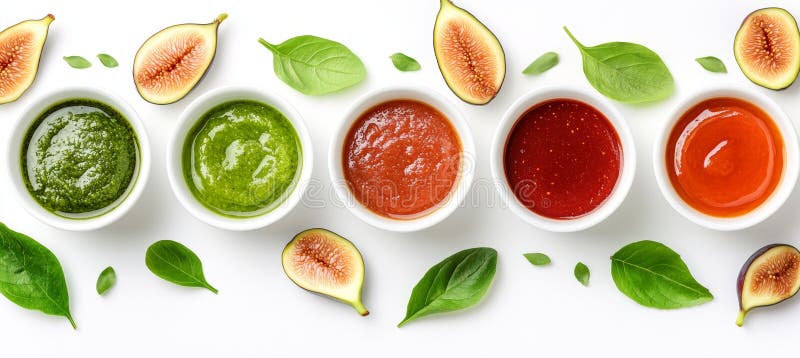 Assortment of Colorful Dips,, Fresh Basil, and Fig Fruit Slices ...