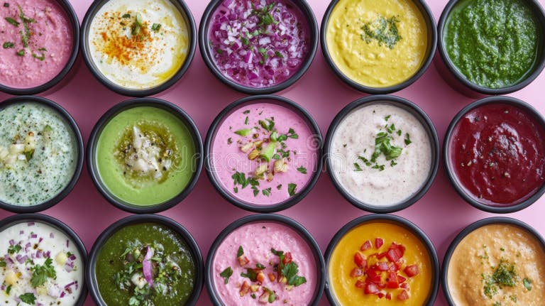 Assortment of Colorful Dips and Spreads in Small Bowls Stock ...