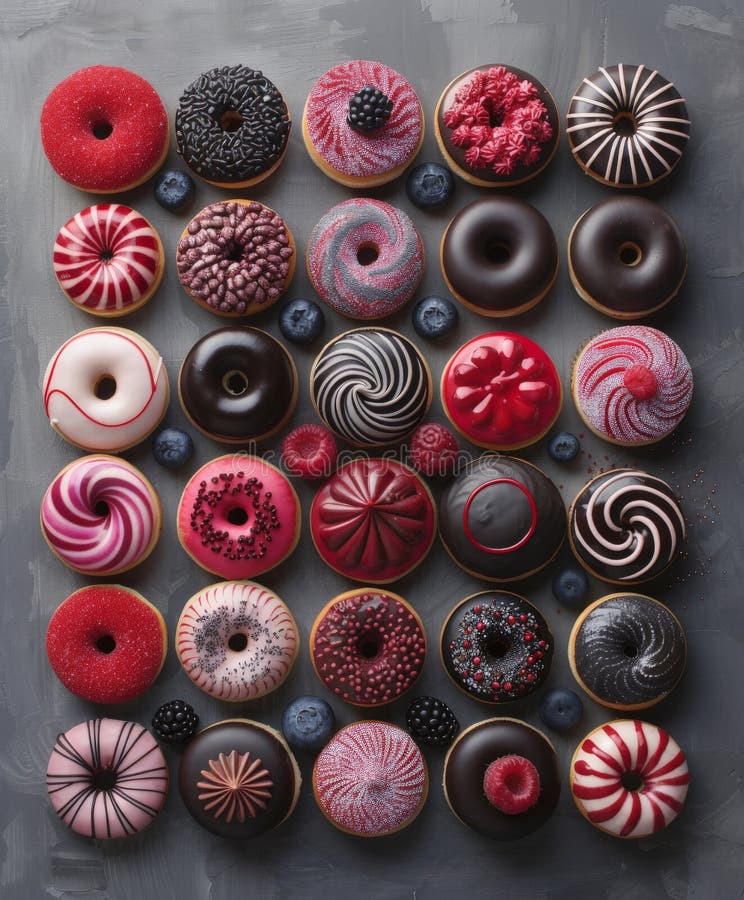 Colorful Donut Assortment Arranged on Grey Surface Stock Illustration ...