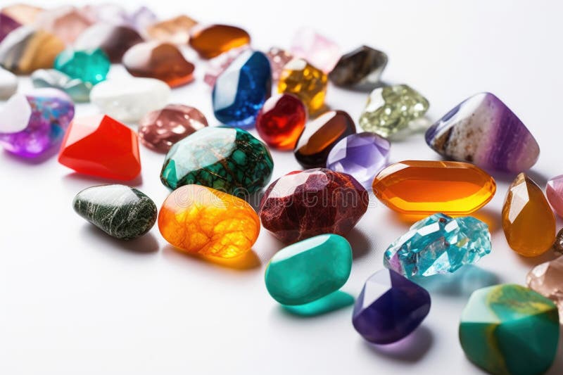 Assortment of Colorful Gemstones on a White Table Stock Illustration ...