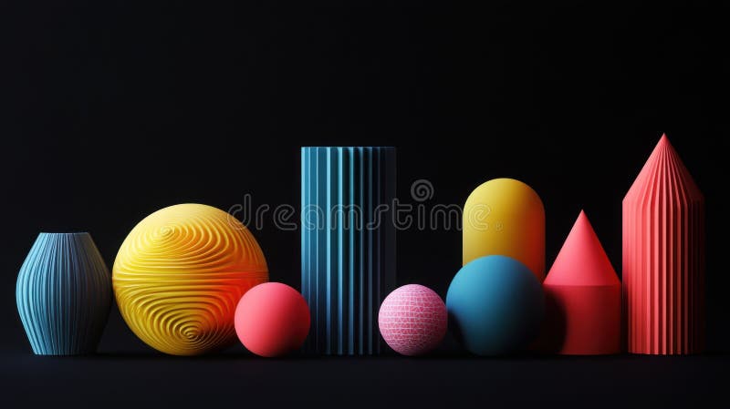 Perfectly Arranged Pastel Geometric Figures on Solid Black Background ...