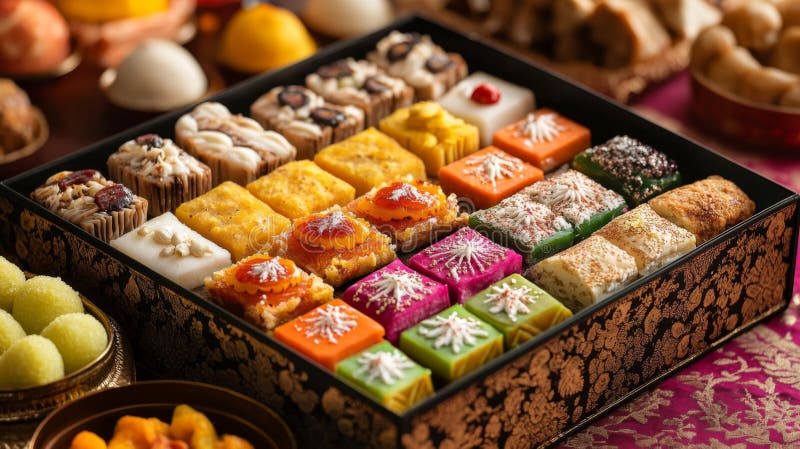 Assortment of Colorful Indian Sweets in a Decorative Box Stock ...