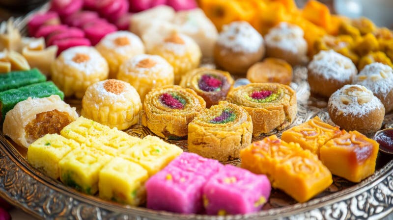 Assortment of Colorful Indian Sweets on a Silver Platter Stock ...