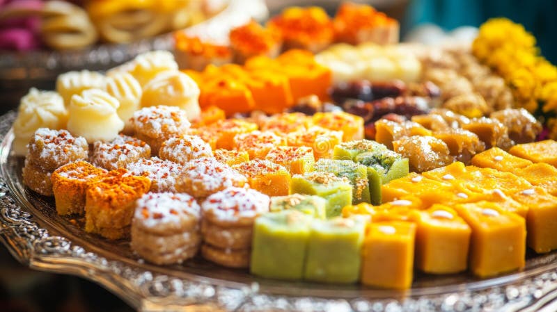 Assortment of Colorful Indian Sweets on a Silver Platter Stock ...