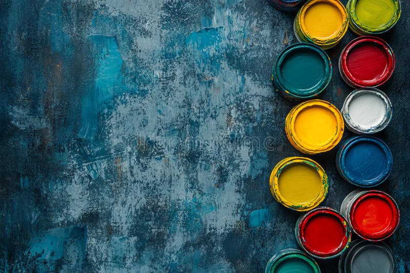 An Assortment of Colorful Paint Cans Sits on a Textured Blue Surface ...